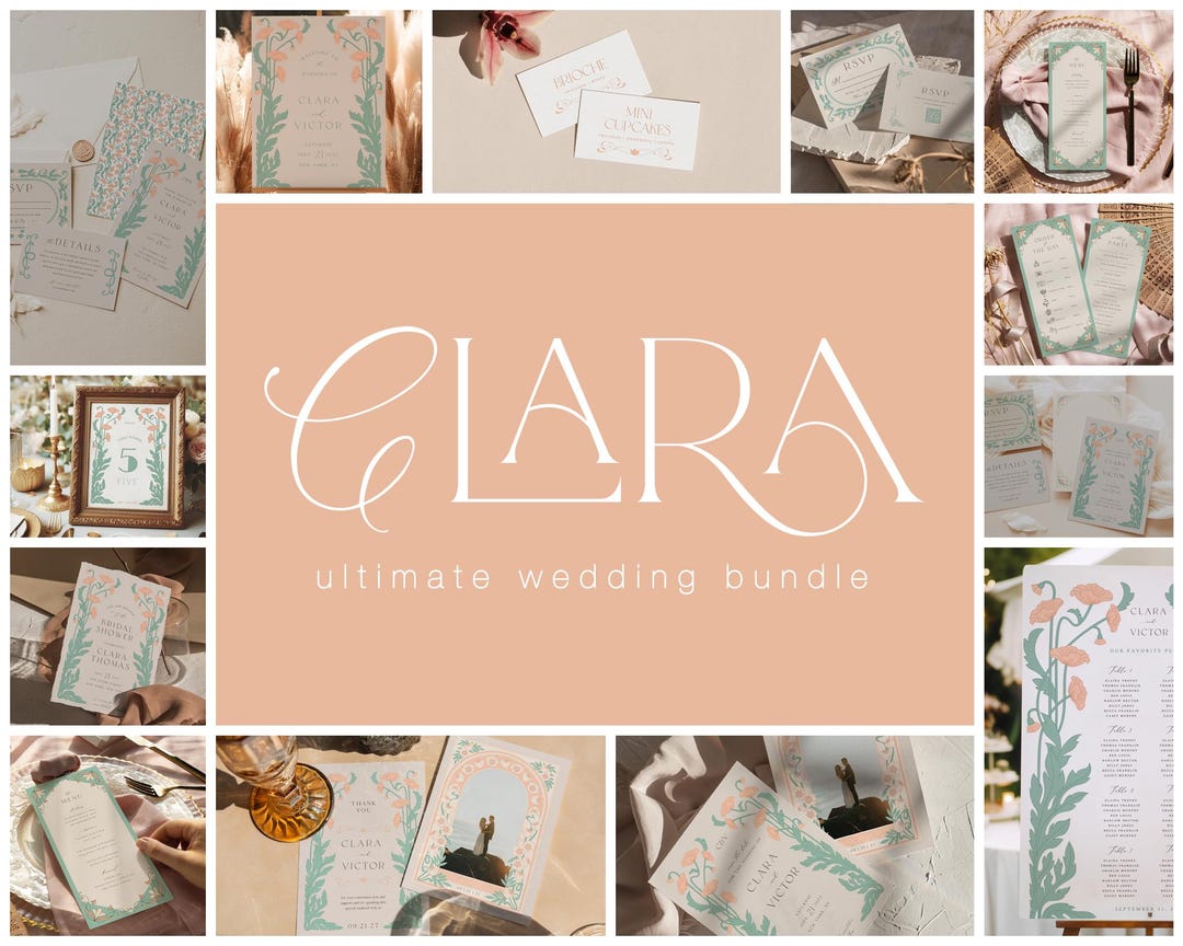 Art Nouveau Wedding Invitation Template Bundle, Vintage Wedding, Pink ...