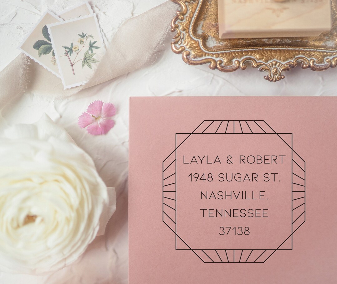 Art Deco Wedding Return Address Stamp, Personalized Save the Date Stamp ...