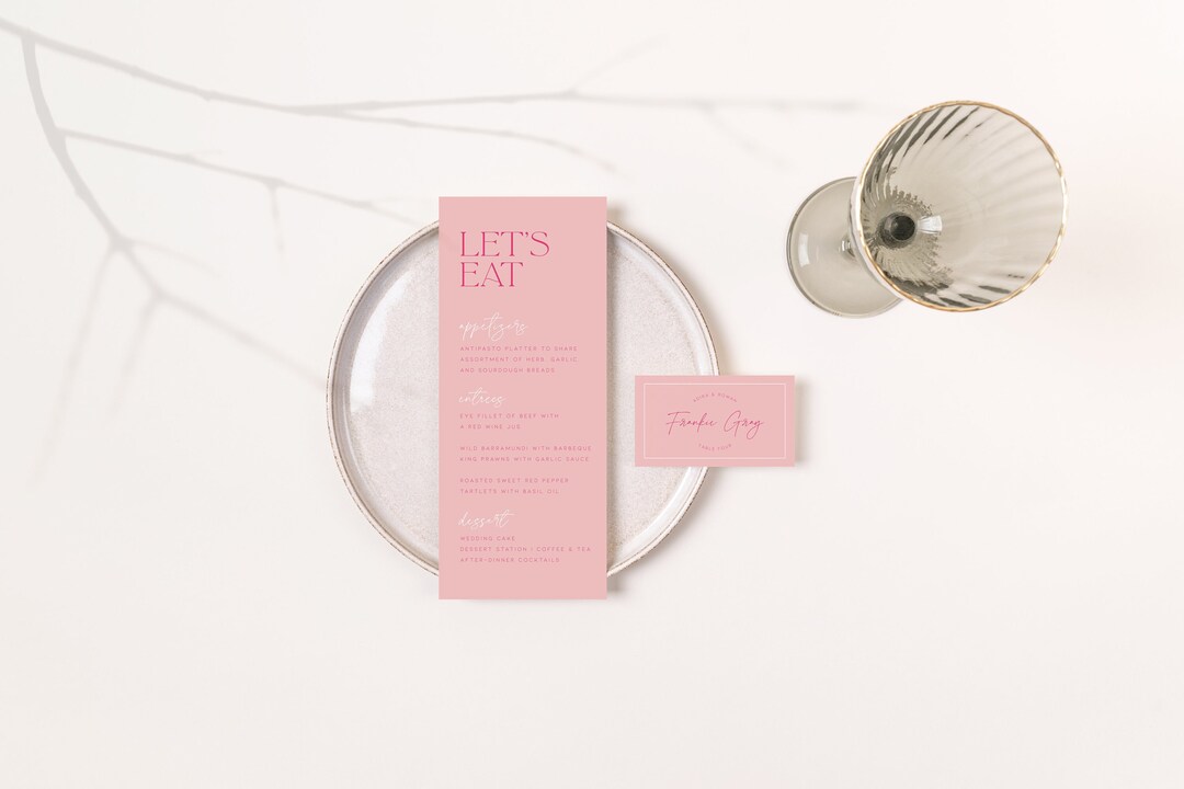 Pink Wedding Menu Template, Printable Menu and Place Cards, Instant ...