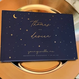 Celestial Wedding Guest Book, Stars Navy Night Wedding Hardcover Photo ...