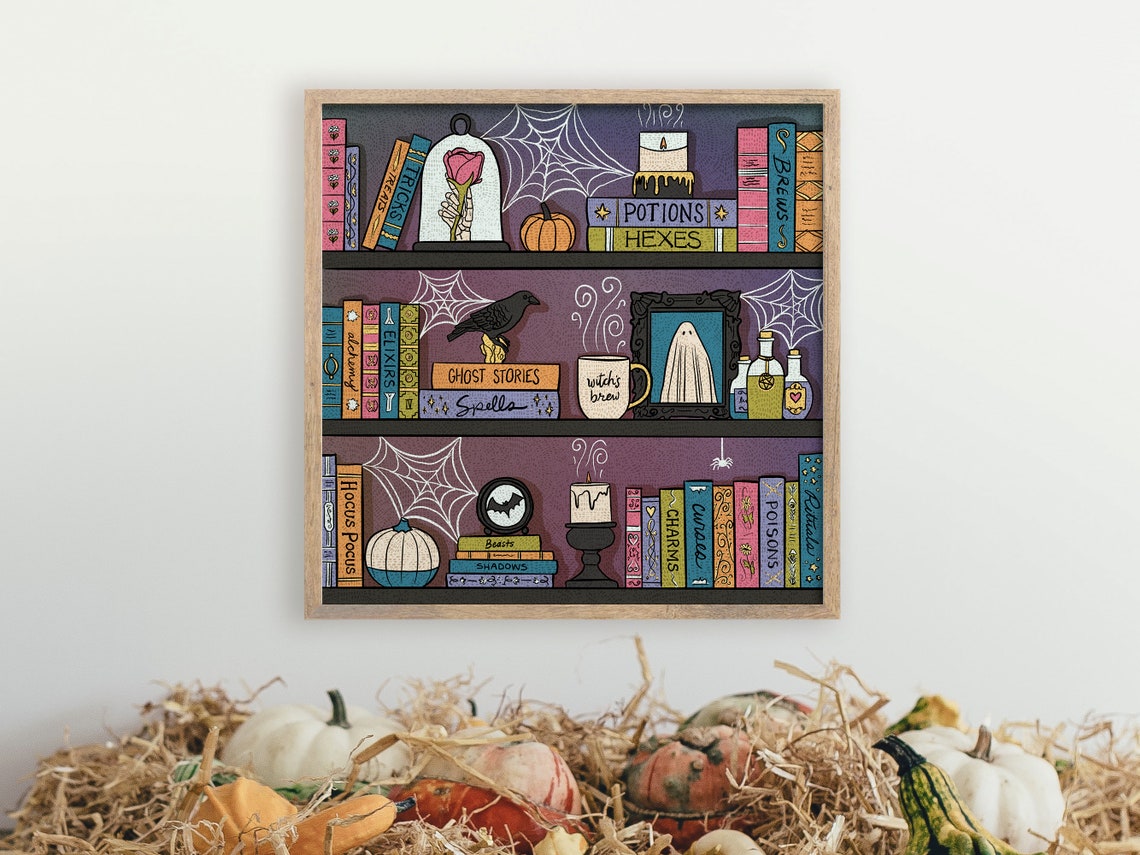 8x8 Spooky Halloween Bookshelf - Illustrated Art Print - Witchy Wall ...