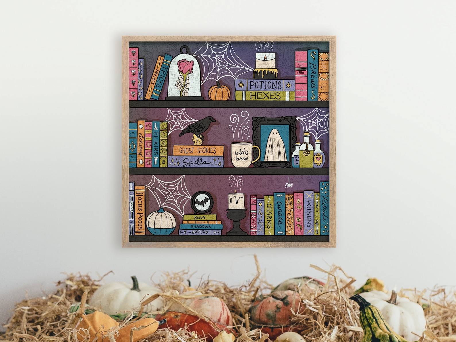 8x8 Spooky Halloween Bookshelf - Illustrated Art Print - Witchy Wall ...