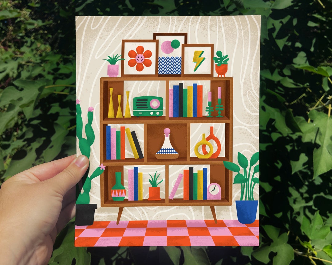 Retro Pop Boho Bookshelf Art - 8x10 Illustrated Art Print - Perfect ...