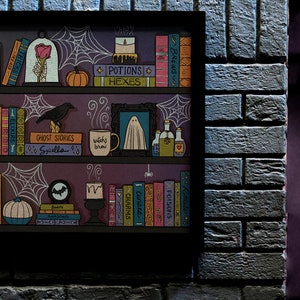 8x8 Spooky Halloween Bookshelf - Illustrated Art Print - Witchy Wall ...
