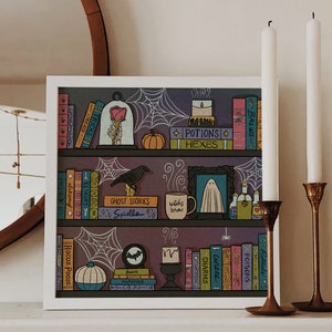 8x8 Spooky Halloween Bookshelf - Illustrated Art Print - Witchy Wall ...