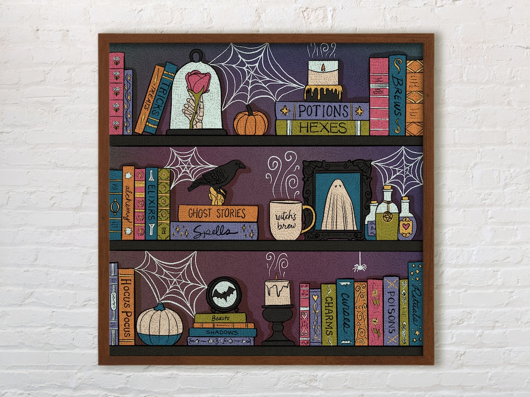 8x8 Spooky Halloween Bookshelf - Illustrated Art Print - Witchy Wall ...