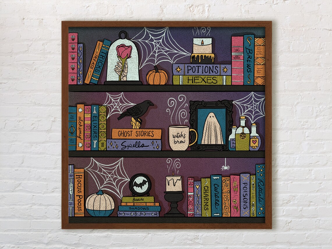 8x8 Spooky Halloween Bookshelf - Illustrated Art Print - Witchy Wall ...