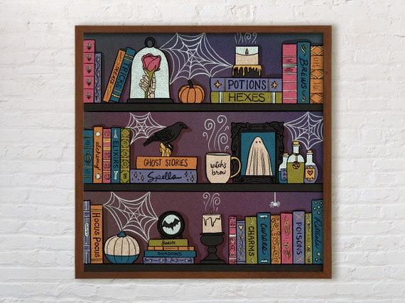8x8 Spooky Halloween Bookshelf Illustrated Art Print - Etsy