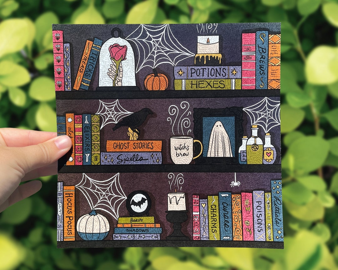 8x8 Spooky Halloween Bookshelf Illustrated Art Print Witchy Wall Decor ...