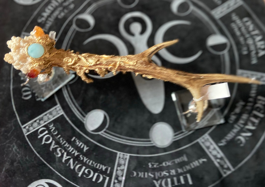 Hydrozincite Deer Antler Witches Wand With Clear Quartz, Smokey Citrine ...