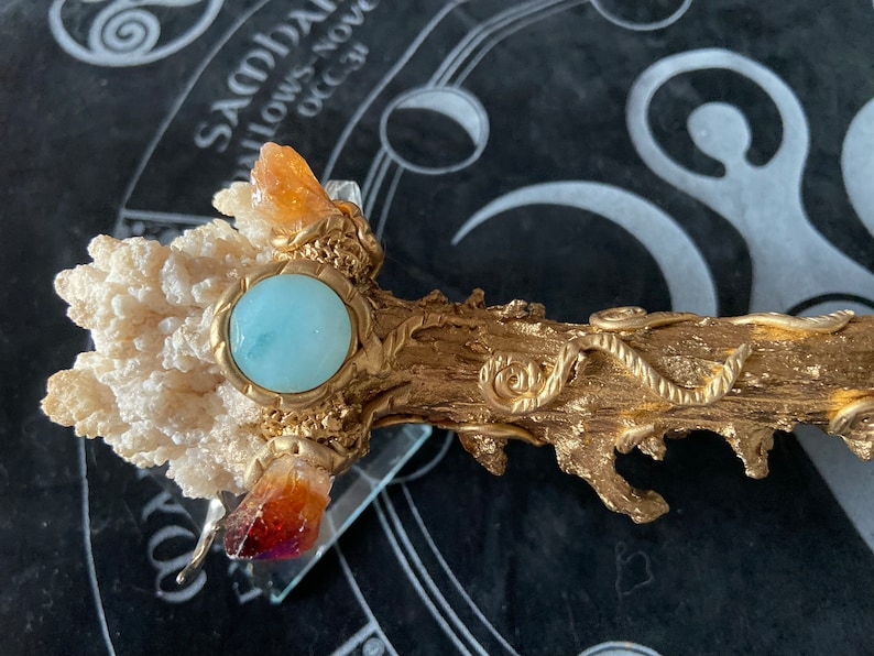 Hydrozincite Deer Antler Witches Wand With Clear Quartz, Smokey Citrine ...