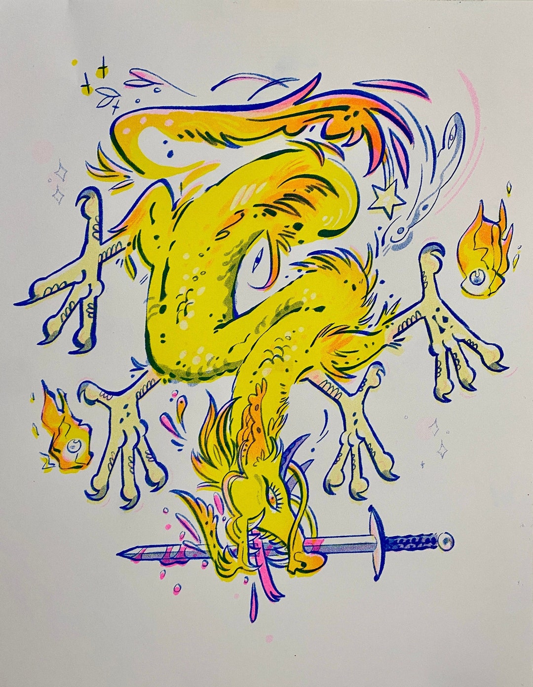 Sword and Stars Dragon Riso Print - Etsy