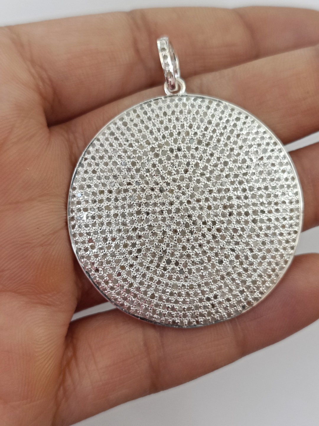 40mm Pave Diamond Round Disc Pendant Fine Handmade Jewelry Statement ...