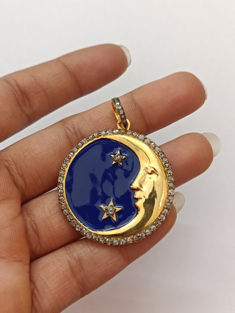 Handmade Enamel Crescent Moon Pendant Sterling Silver Pave Diamond Star ...