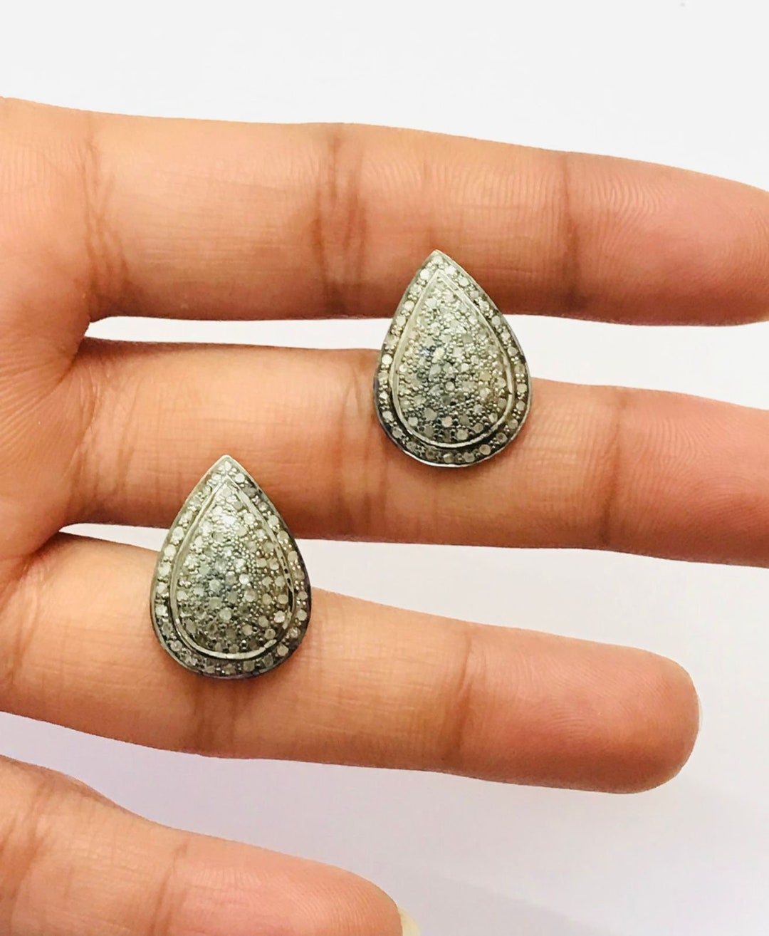 Pave Diamond Stud Earrings Pear Shape Diamond Earring 925 Sterling ...
