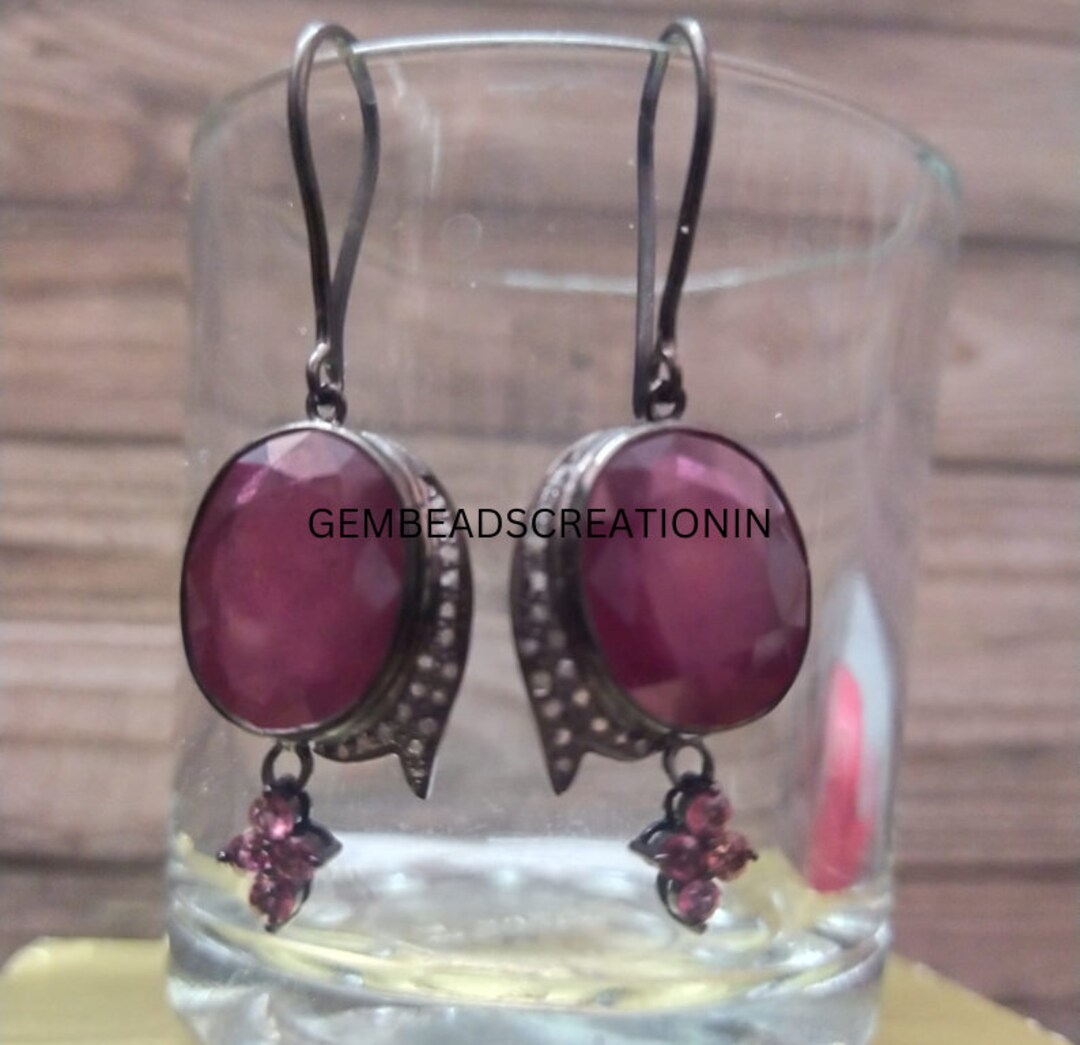 Pave Diamond Ruby Earring, Ear Wire Earring, Gemstone Diamond Earring ...