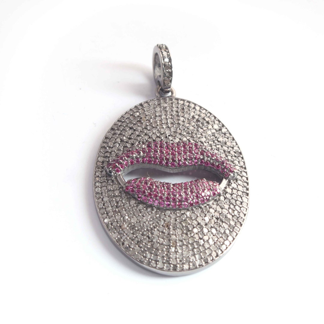 Natural Ruby Pendant Lips Pendant Pave Diamond Round Pendant 43x26mm ...
