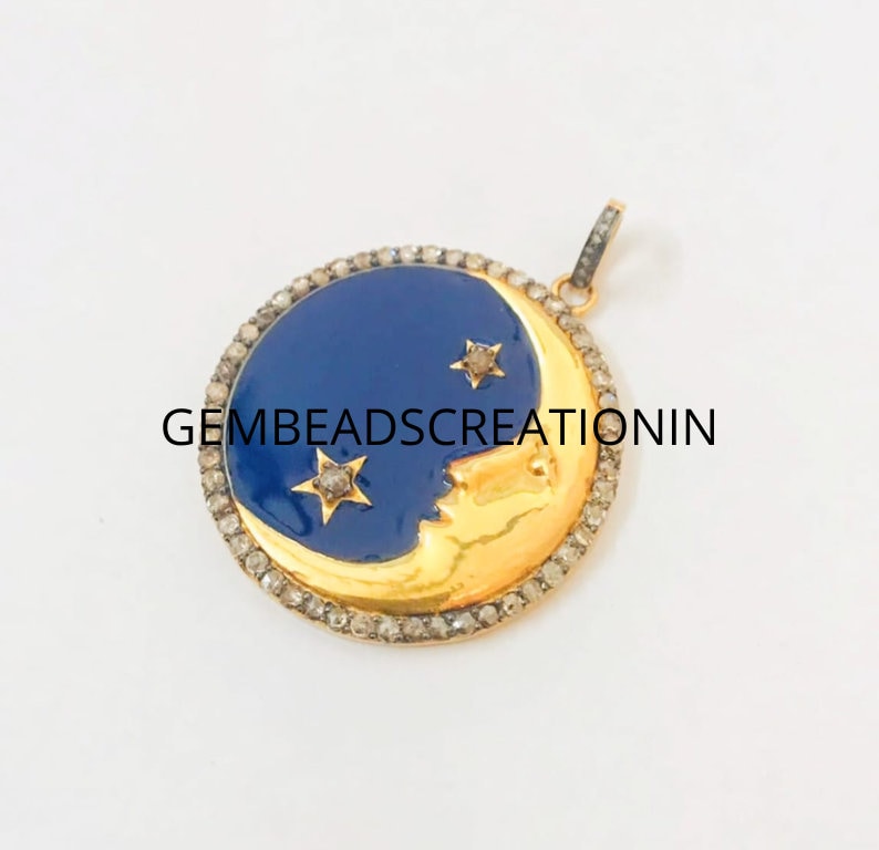 Handmade Enamel Crescent Moon Pendant Sterling Silver Pave Diamond Star ...