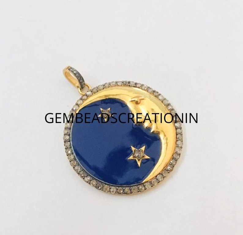 Handmade Enamel Crescent Moon Pendant Sterling Silver Pave Diamond Star ...