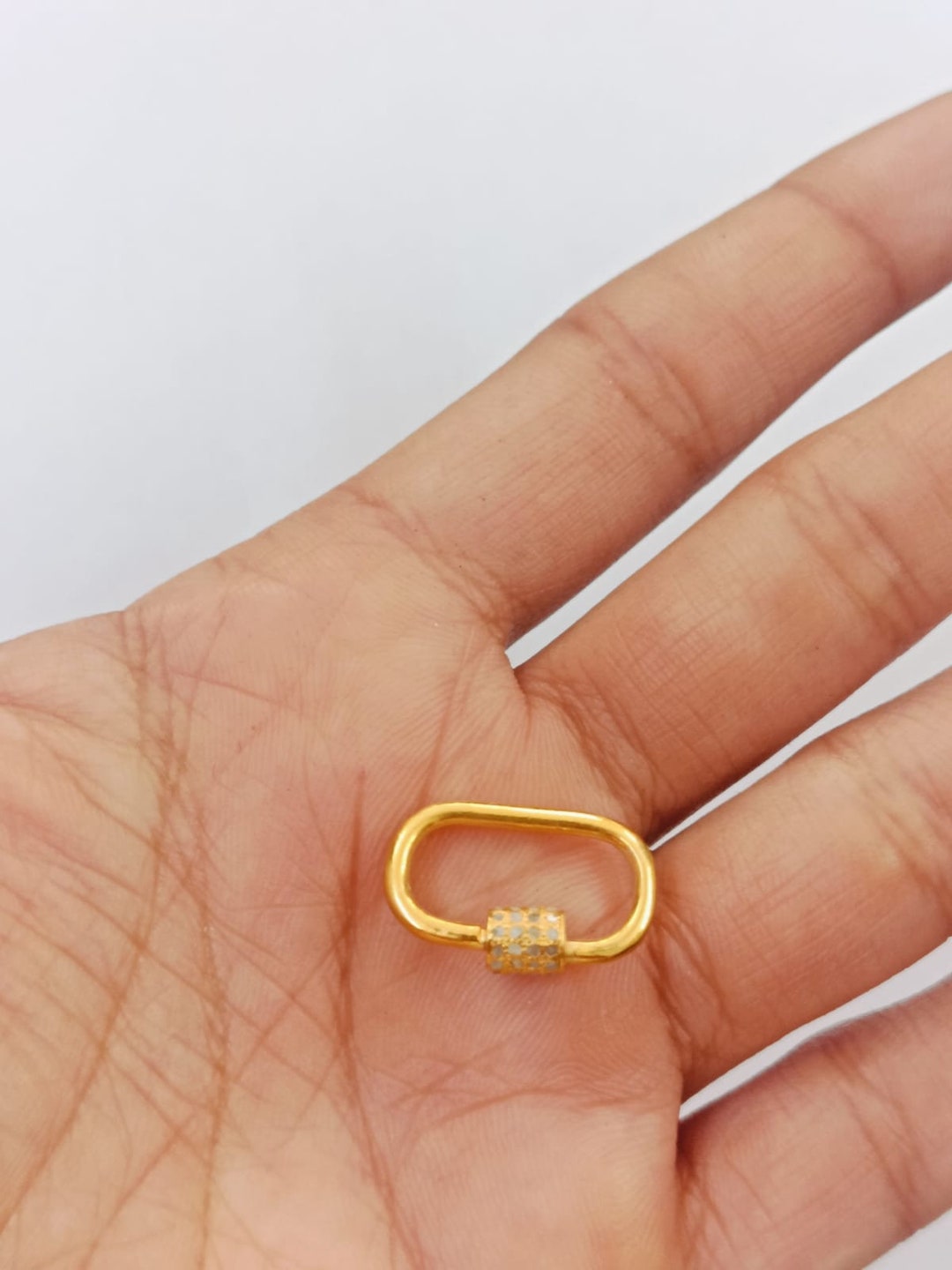 Pave Diamond Oval Carabiner Clasp Yellow Gold Sterling Silver Lock ...