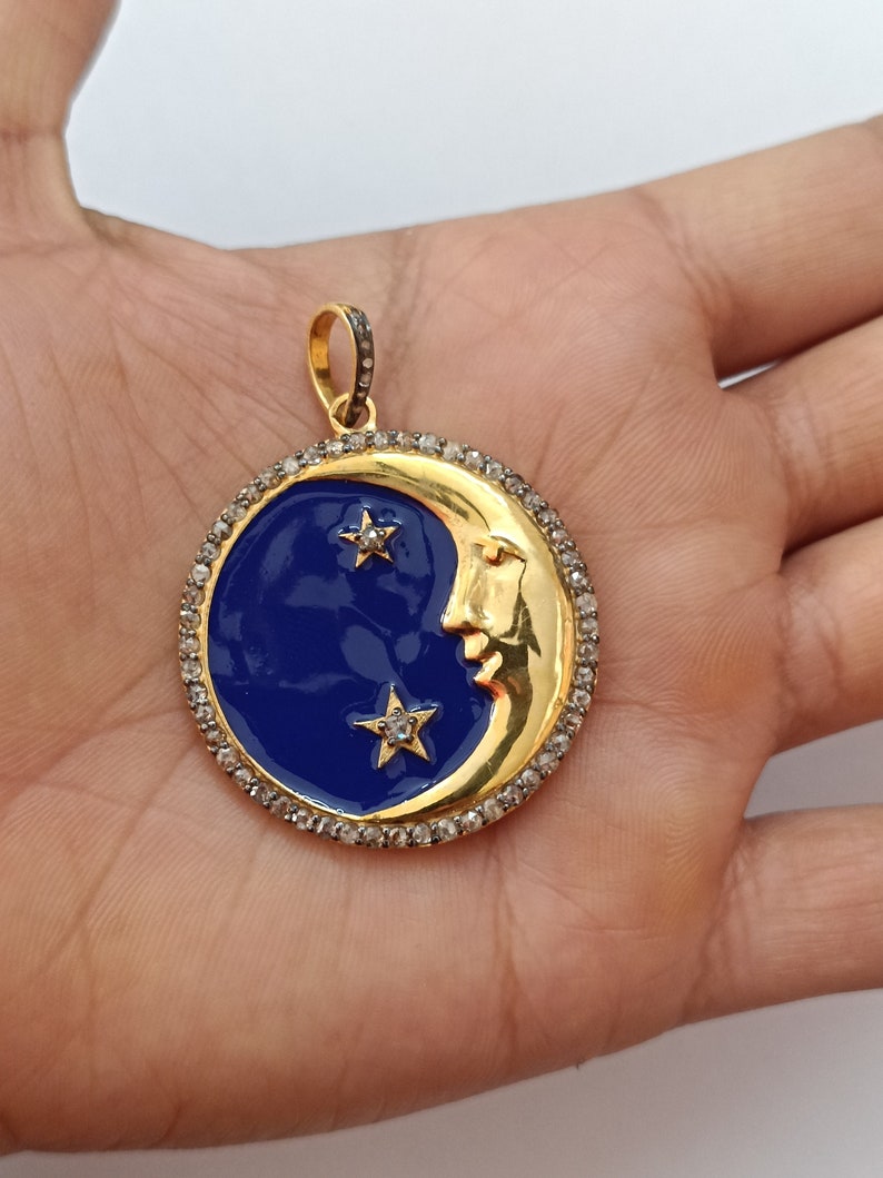 Handmade Enamel Crescent Moon Pendant Sterling Silver Pave Diamond Star ...