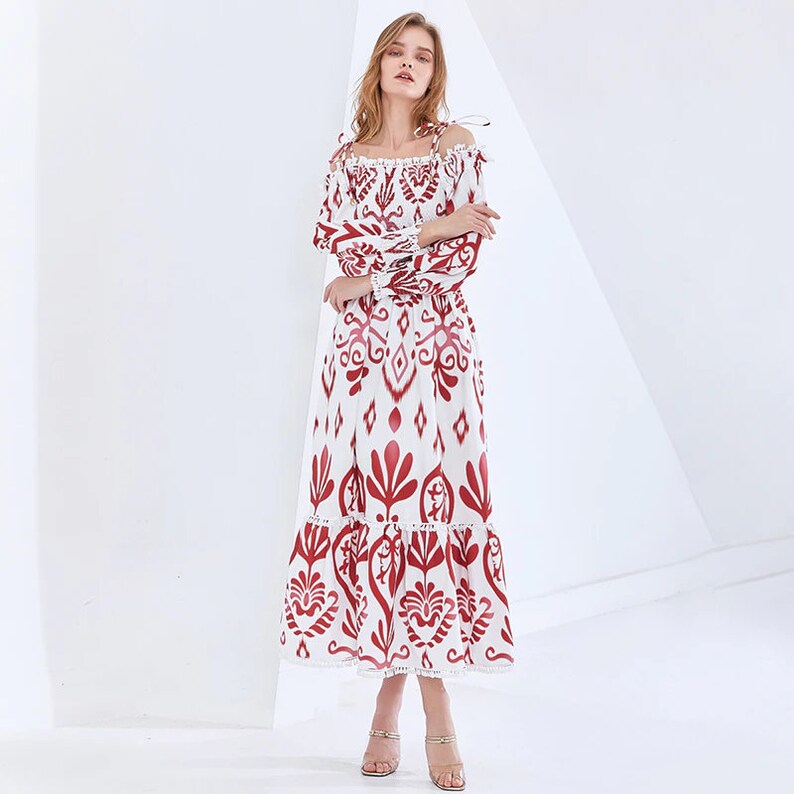 Fashion Runway Print Spring Dress for Women Slash Neck Long - Etsy