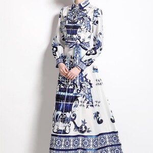 Runway Vintage Blue and White Porcelain Print Ankle Length Vestido ...