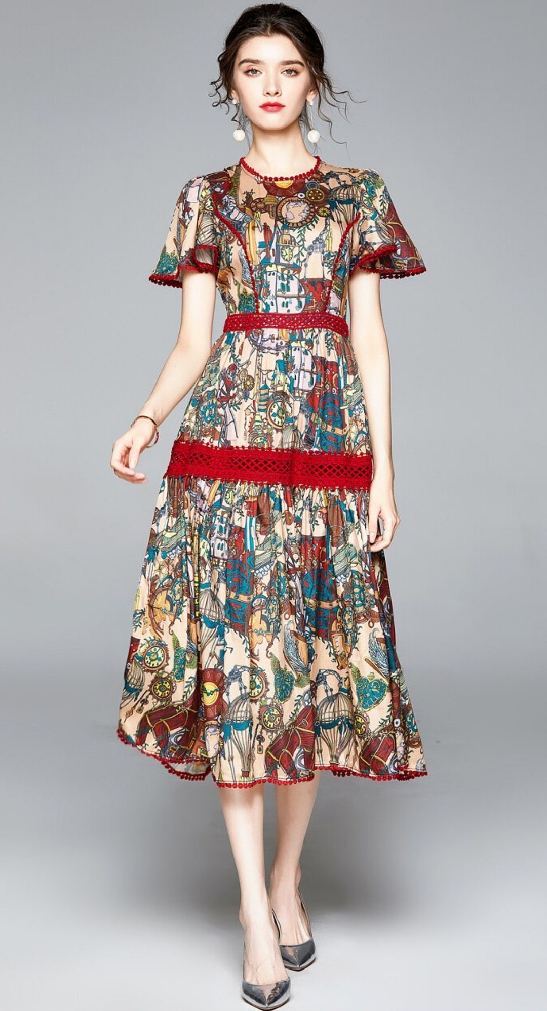 Women Elegant Print Dress Festa High Quality Long Vintage Party Robe ...