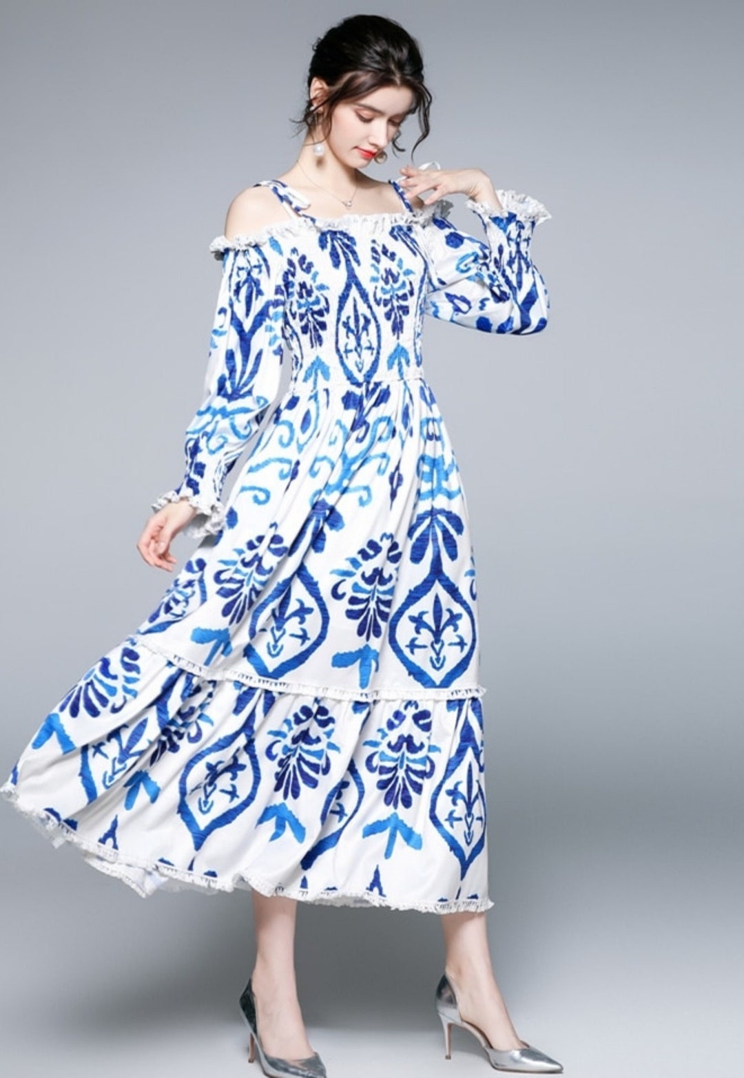 Fashion Runway Print Spring Dress for Women Slash Neck Long Sleeve off ...