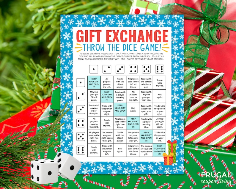 Christmas Gift Exchange Game | Two Dice Gift Exchange Dice Game | White ...