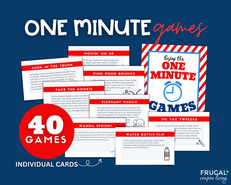One Minute Game Cards, 40 Fun Minute Games for Kids + Adults,| 60 ...