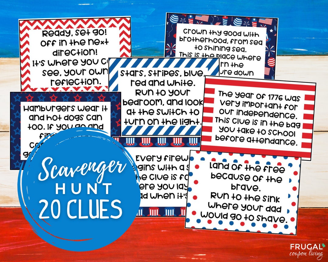 July 4th Scavenger Hunt for Kids, 20 Rhyming Independence Day Cards for ...
