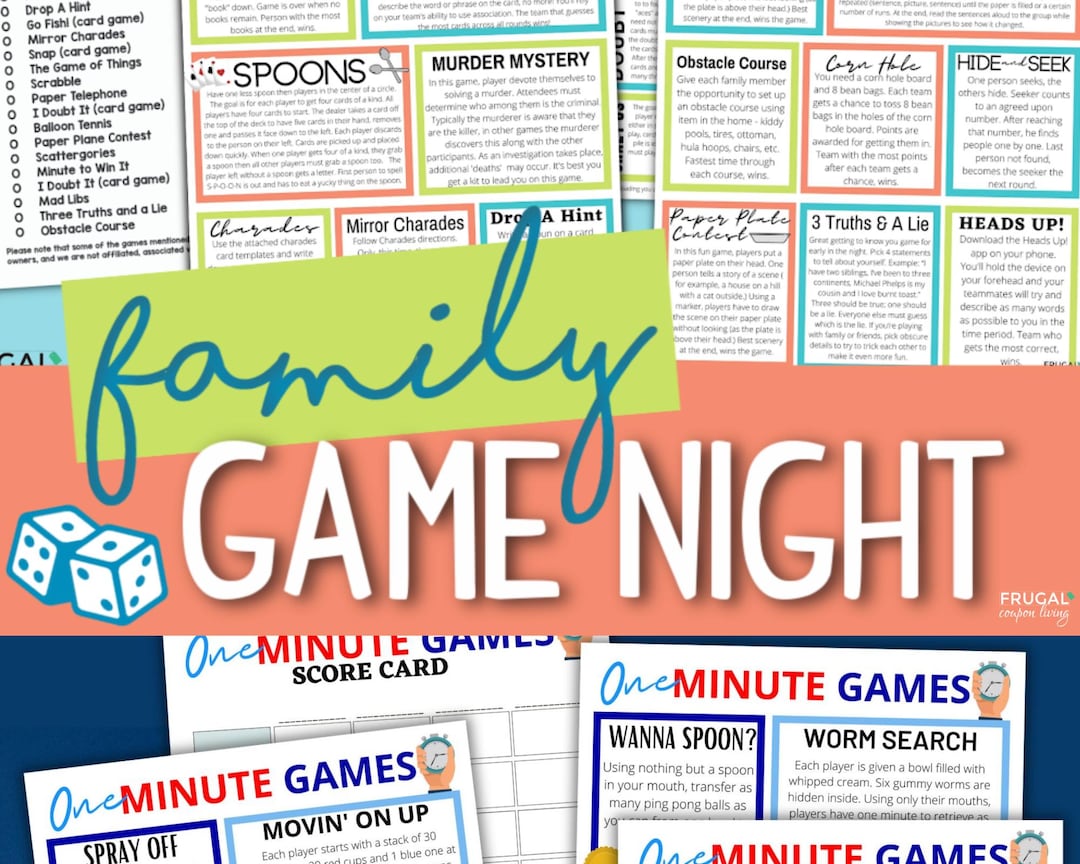 Family Game Night With Family Bucket List Checklist & One Minute Games ...