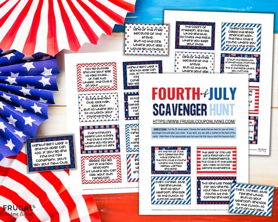 July 4th Scavenger Hunt for Kids | 20 Rhyming Independence Day Cards ...