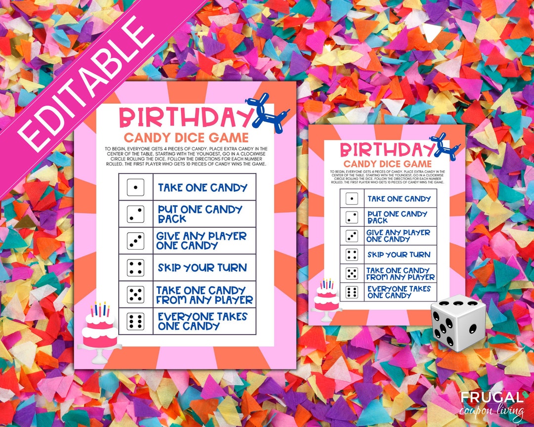 Birthday Party Candy Dice Game | Editable Birthday Dice Game Printable ...