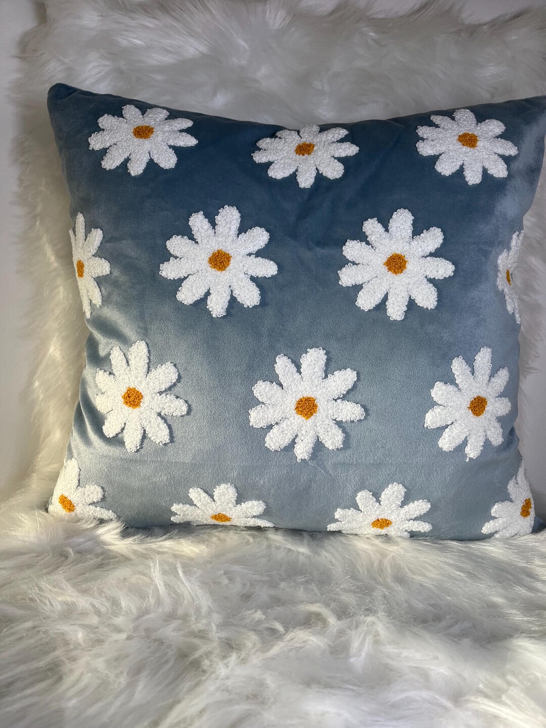 Daisy Tufted Grey Square Cushion Cover & Inner Pad Included Scatter ...