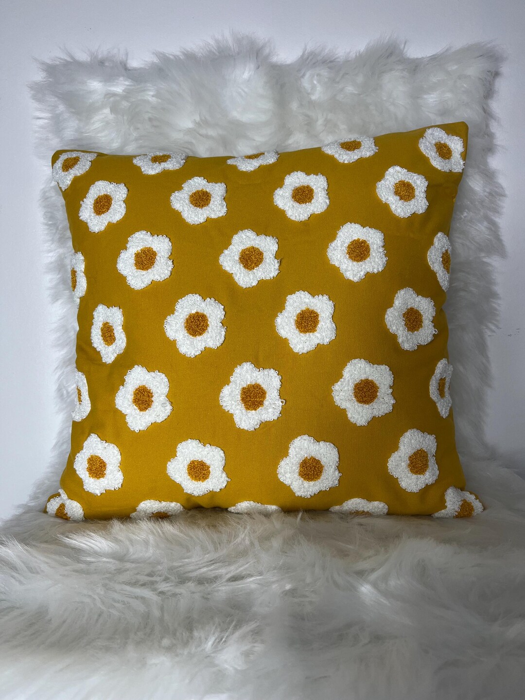 Daisy Embroidered Mustard Yellow Cushion 45 X 45 Cm Scatter Cushions ...