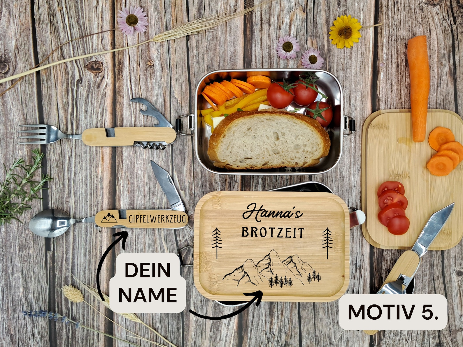 Wandern Geschenk Lunchbox & Campingbesteck Bergmotiv Personalisierte ...