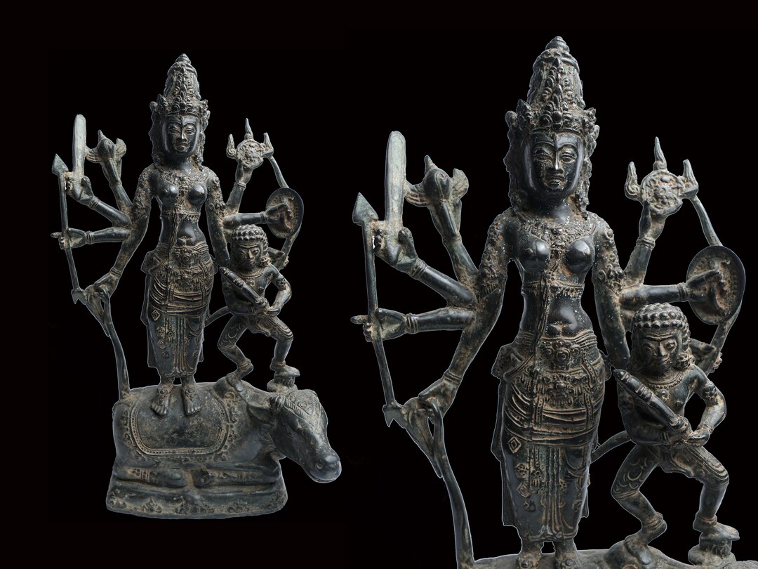 8 Armed Durga Goddess Standing on Top Buffalo, Durga Sculpture, Bronze ...