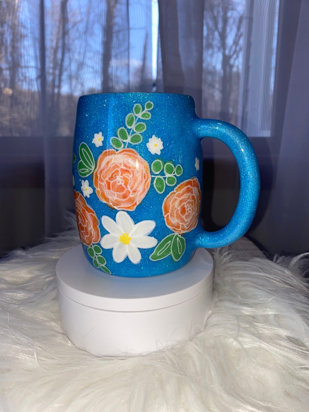 Hand Painted Flower/glitter Coffee Cup - Etsy