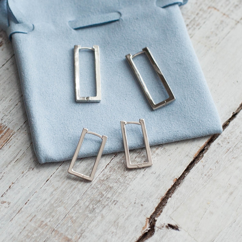 Pair of Medium Rectangular Hoop Earrings in Sterling Silver, Geometric ...