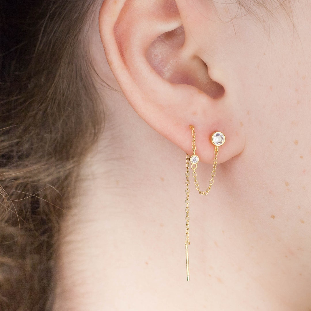 Double Pierced 925 Sterling Silver Double Chain Piercing Stud Earrings ...