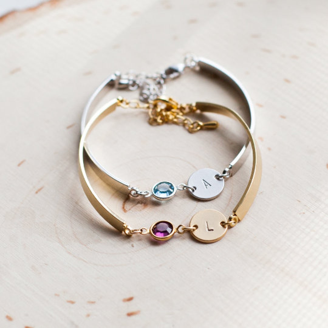 Personalized Birthstone Engraved Initial Letter Name Custom Bracelet ...