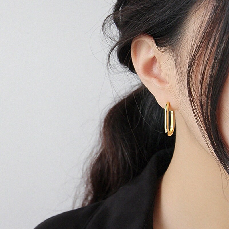 Pair of Medium Rectangular Hoop Earrings in Sterling Silver - Etsy