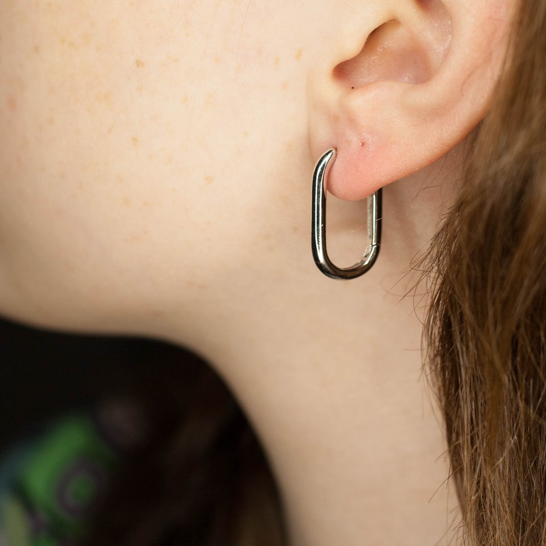 Pair of Medium Rectangular Hoop Earrings in Sterling Silver - Etsy