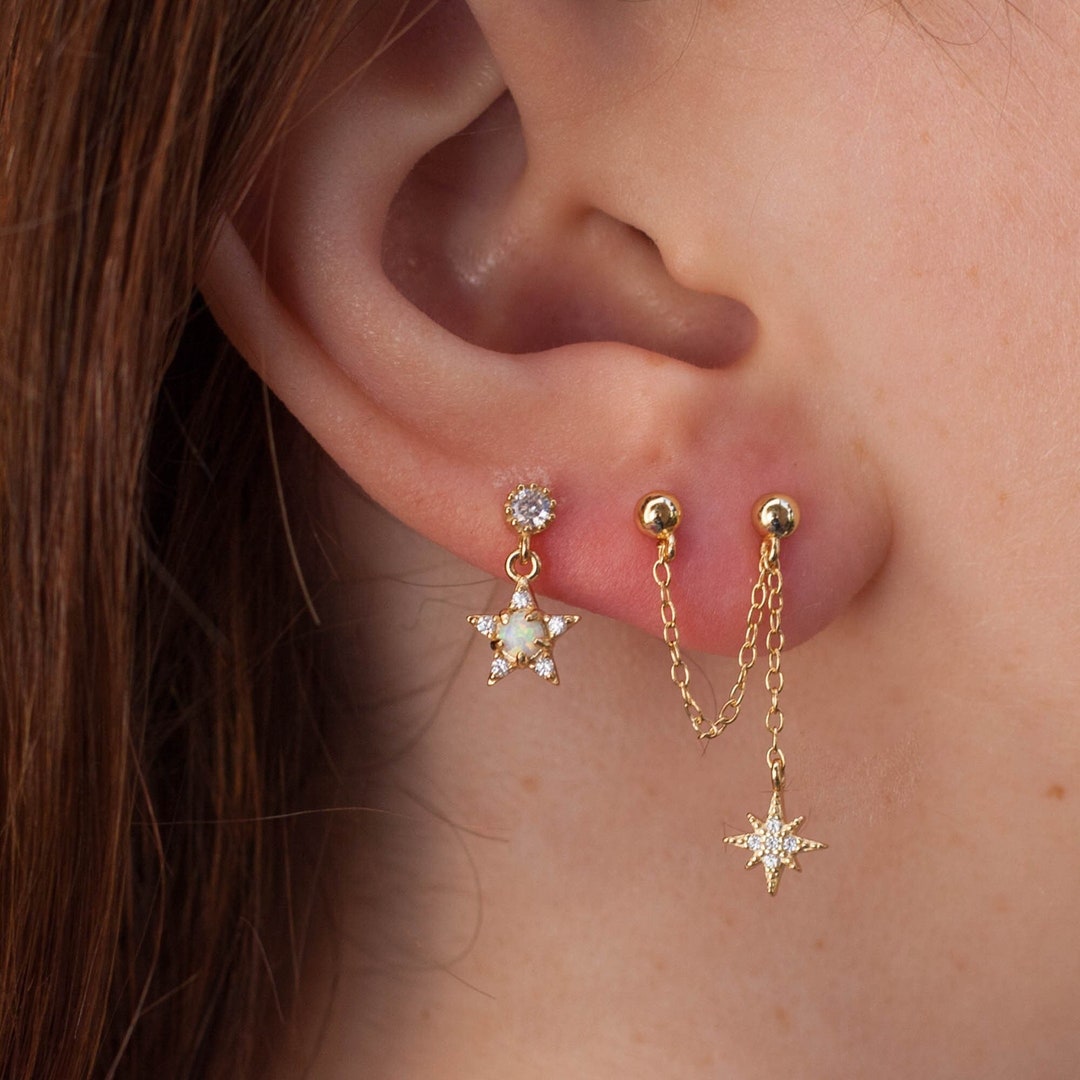 Double Pierced 925 Sterling Silver Double Chain Piercing Stud Earrings ...