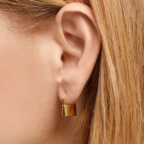 Padlock Lock Hoop Earrings in Sterling Silver Geometric | Etsy