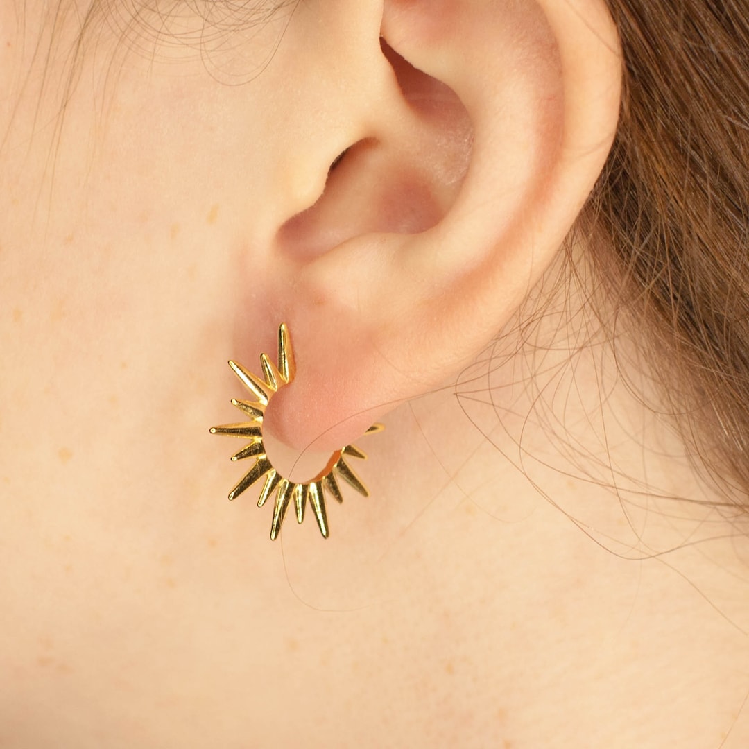 Sun Spike Stud Hoop Earrings 925 Sterling Silver 14K Gold - Etsy