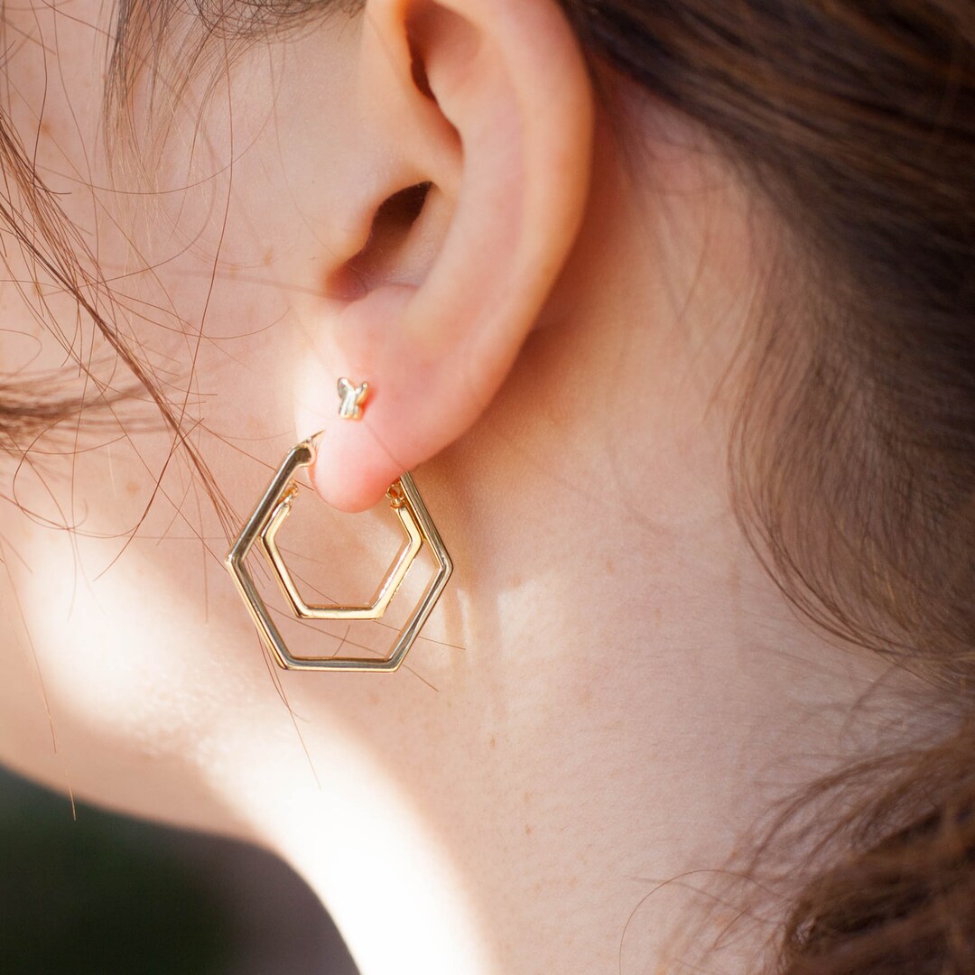 Double Hoop Earring Hexagon Dangle Drop Stud Huggie Sterling Silver, Geometric Hoop , Dainty ...
