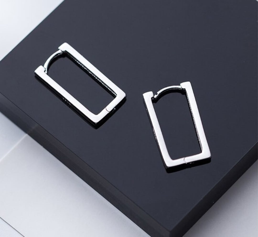 Pair of Medium Rectangular Hoop Earrings in Sterling Silver - Etsy